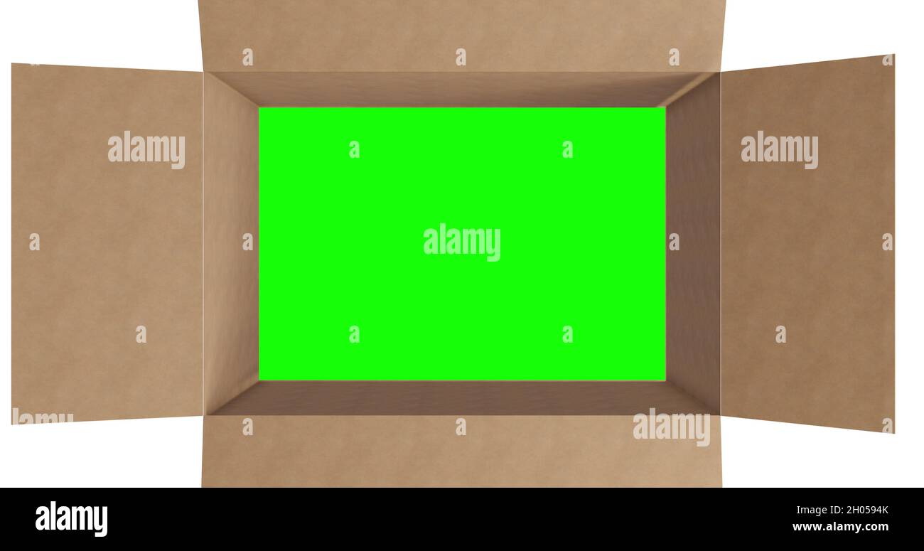 Overhead of green screen in brown cardboard box with lid closing on ...