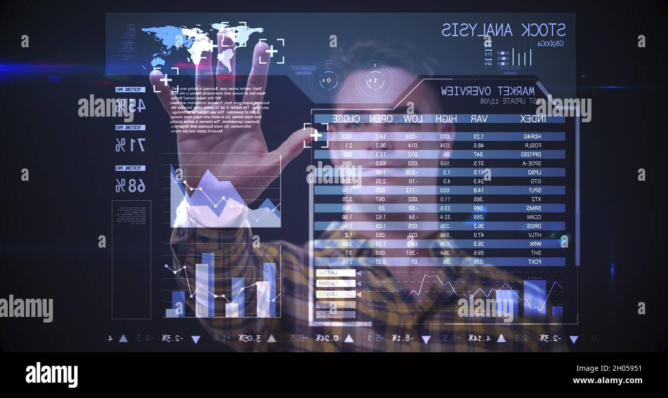 Image of man using interactive screen with data processing Stock Photo ...