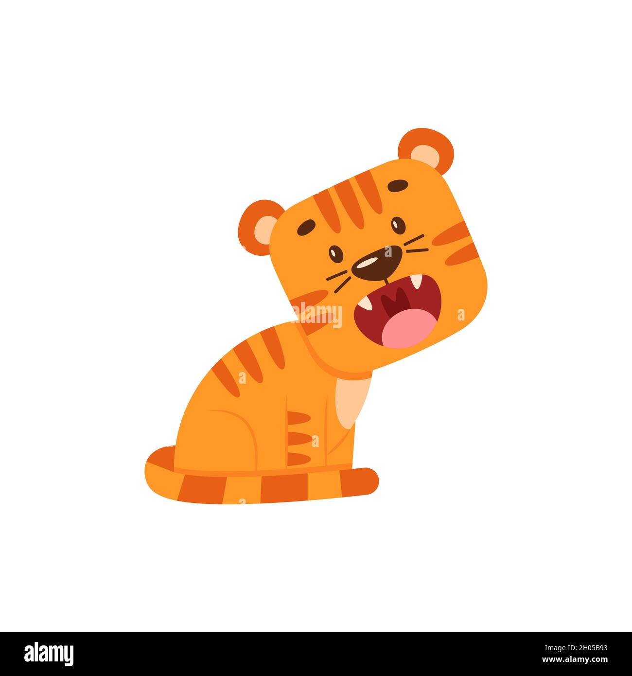 Cute little tiger growls sitting. Simple cartoon flat illustration for ...