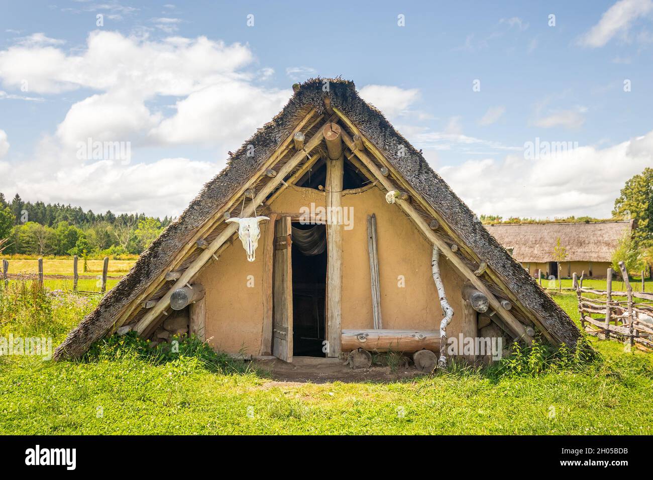 Celtic house with straw thatched roof at Celtic open air museum in ...
