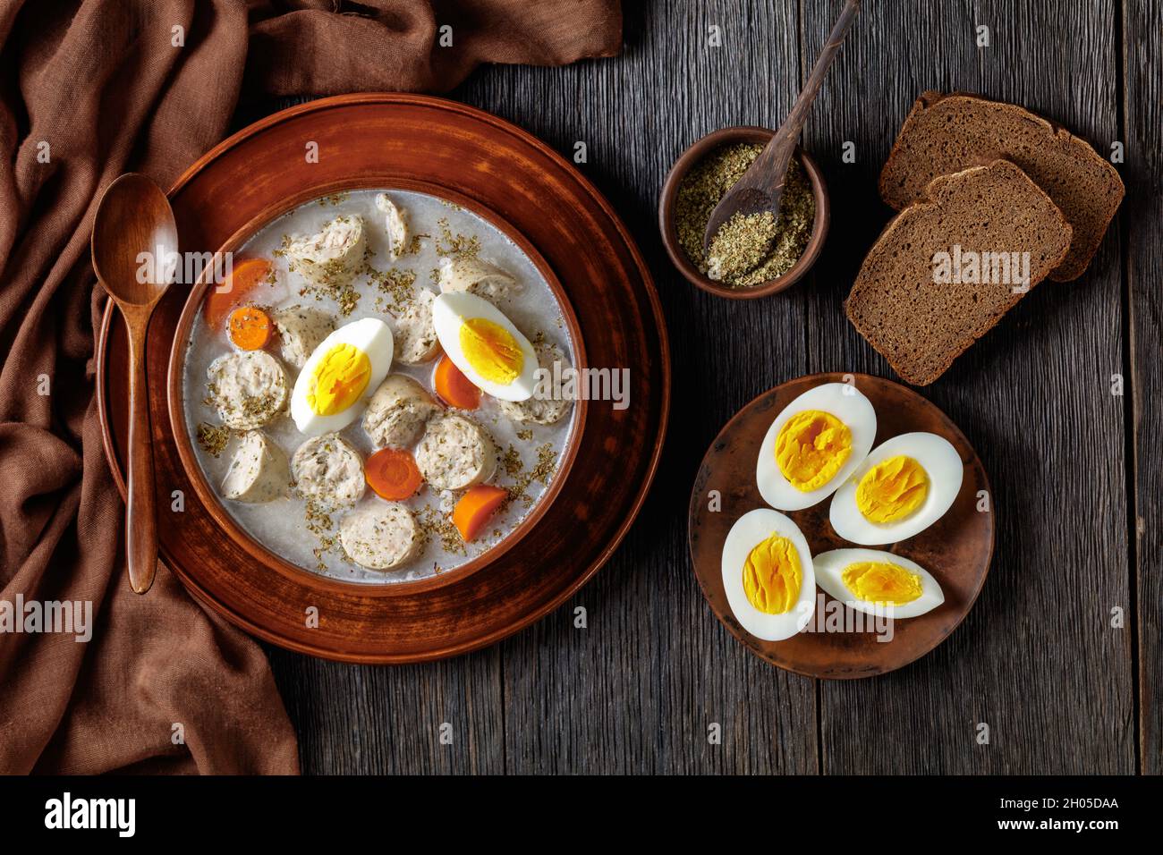 Zurek polish fermented rye soup with traditional polish white kielbasa ...