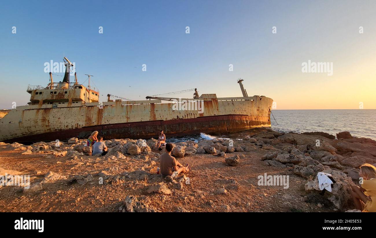 Edro III Shipwreck surrounded by the sea in Peyia, Cyprus Stock Photo ...