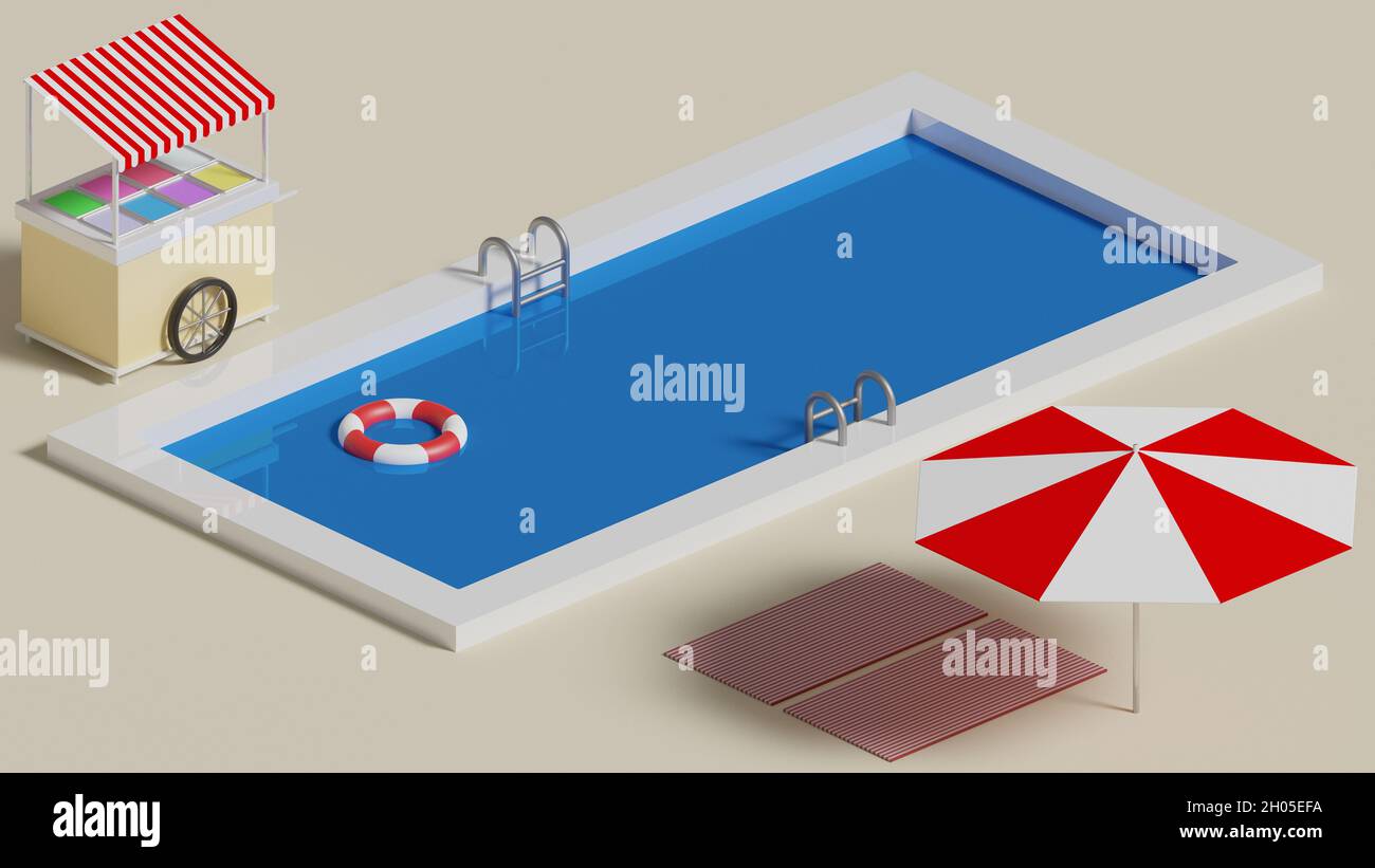 3D Isometric illustration of a summer scene with a swimming pool and an ...