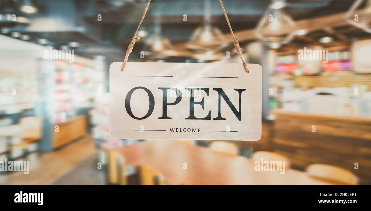 Open sign in front of door café and restaurant, new authorization to ...
