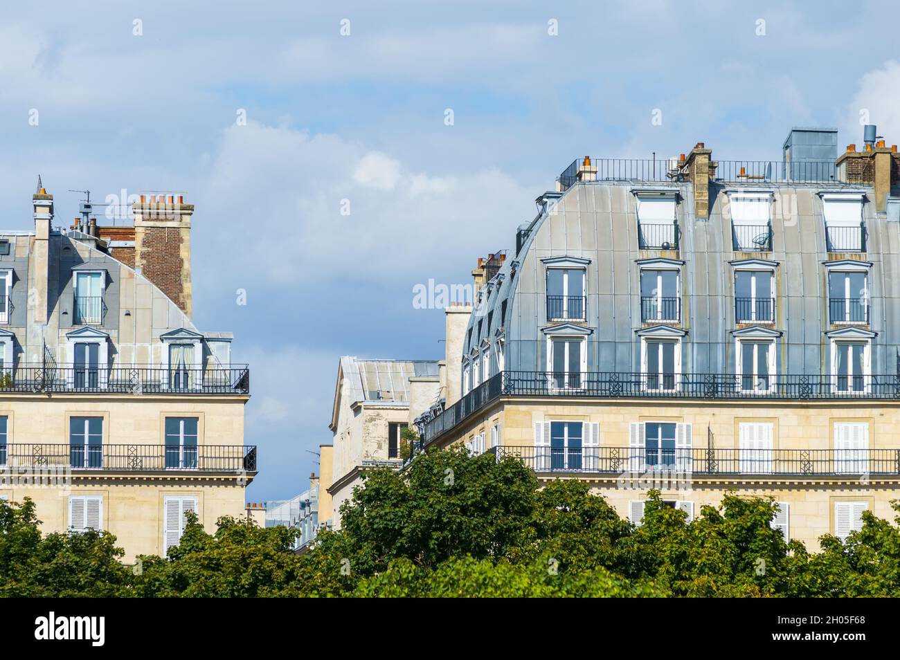 Typical architecture of Paris in France. The building roofs are curved ...