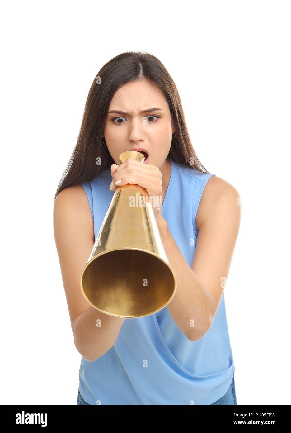 Young woman using megaphone on white background Stock Photo - Alamy