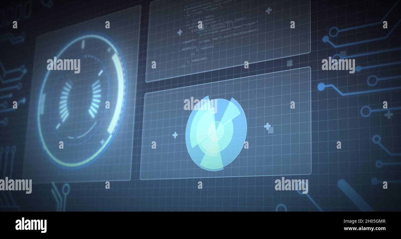 Image of data processing and scopes scanning on screens over grid Stock Photo - Alamy