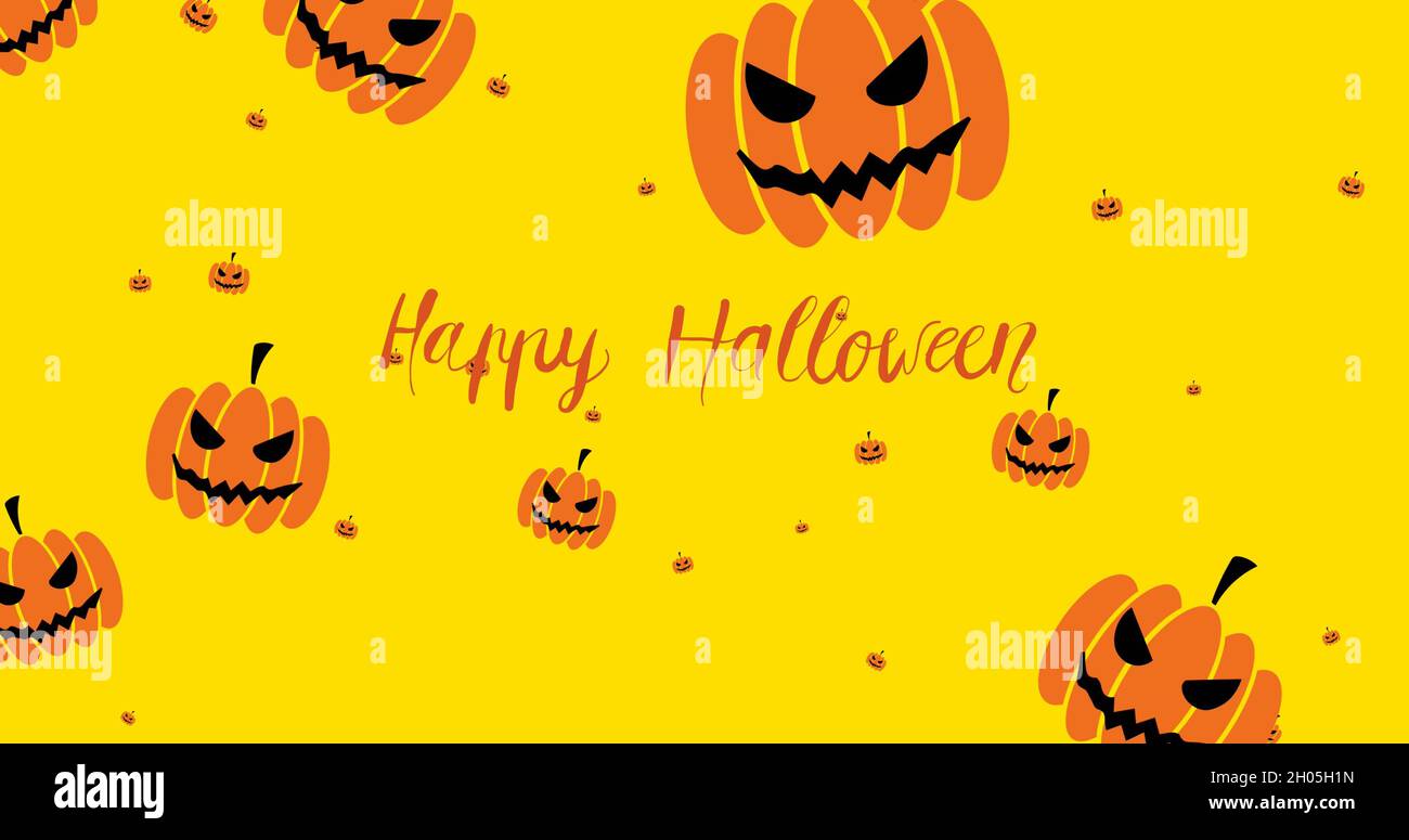 Image of halloween greetings and floating pumpkins on yellow background ...