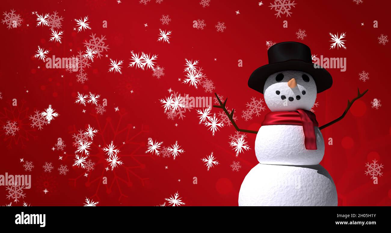 Image of christmas snow falling over snowman on red background Stock ...