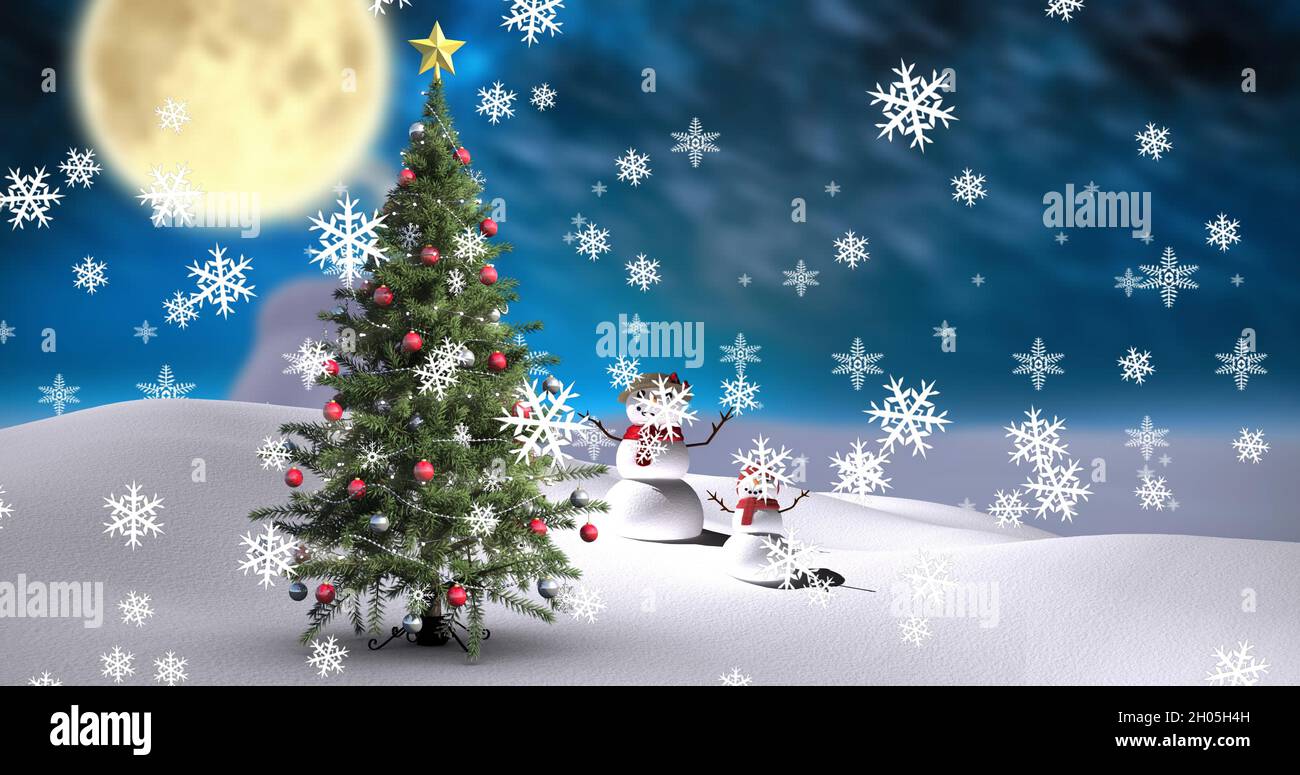 Image of falling snowflakes over christmas tree in winter landscape ...