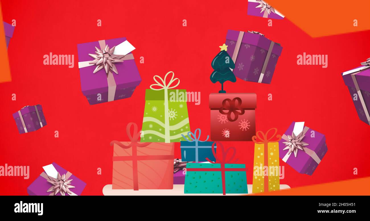 Image of sale text over colorful falling gifts Stock Photo - Alamy