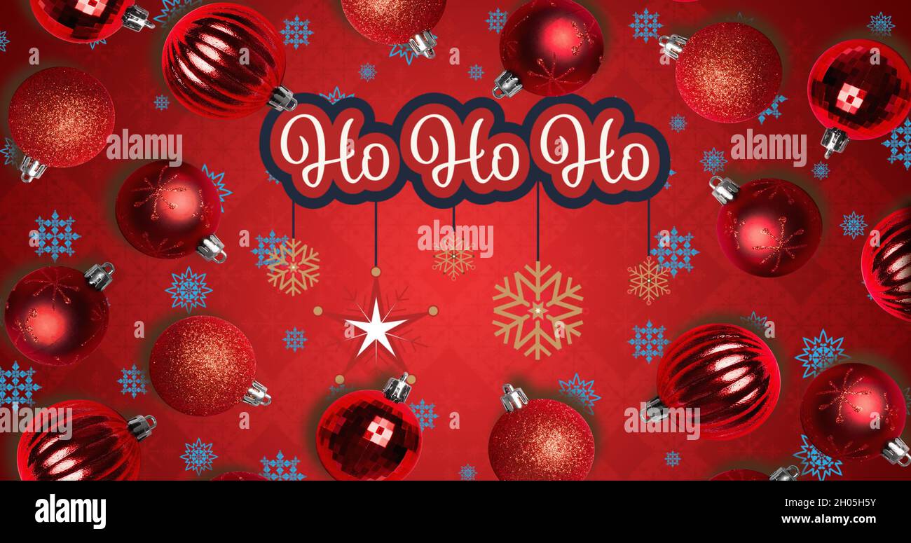 Image of ho ho ho text over christmas balls and snowflakes Stock Photo ...