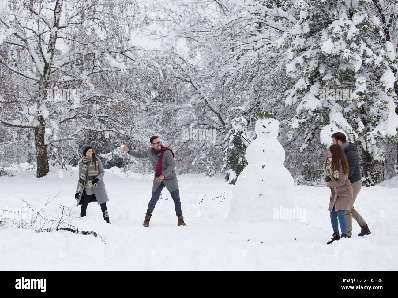 Two couples having fun on snow in park, playing snowball fight Stock ...