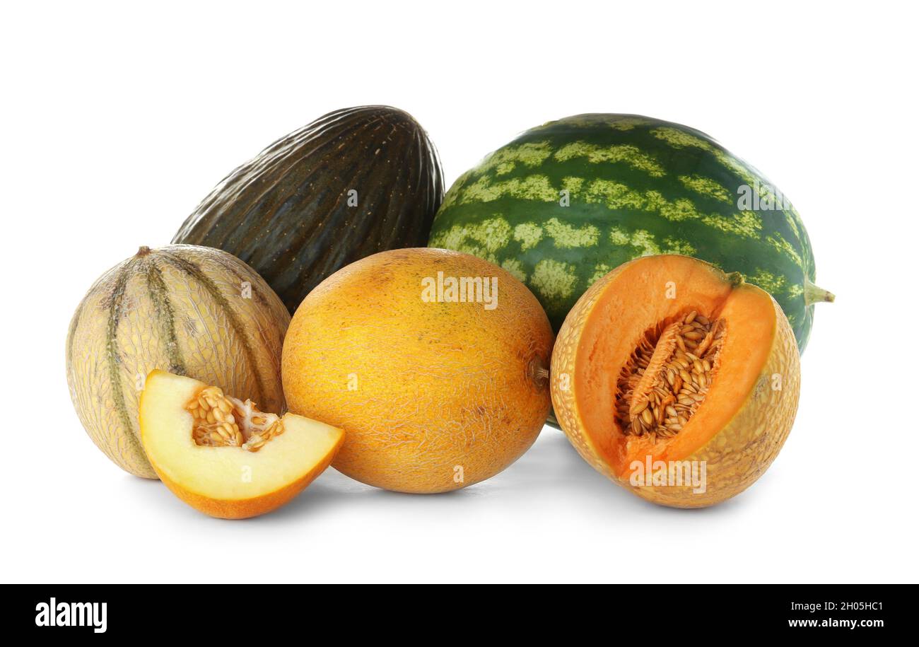 Delicious melons and watermelon on white background Stock Photo - Alamy