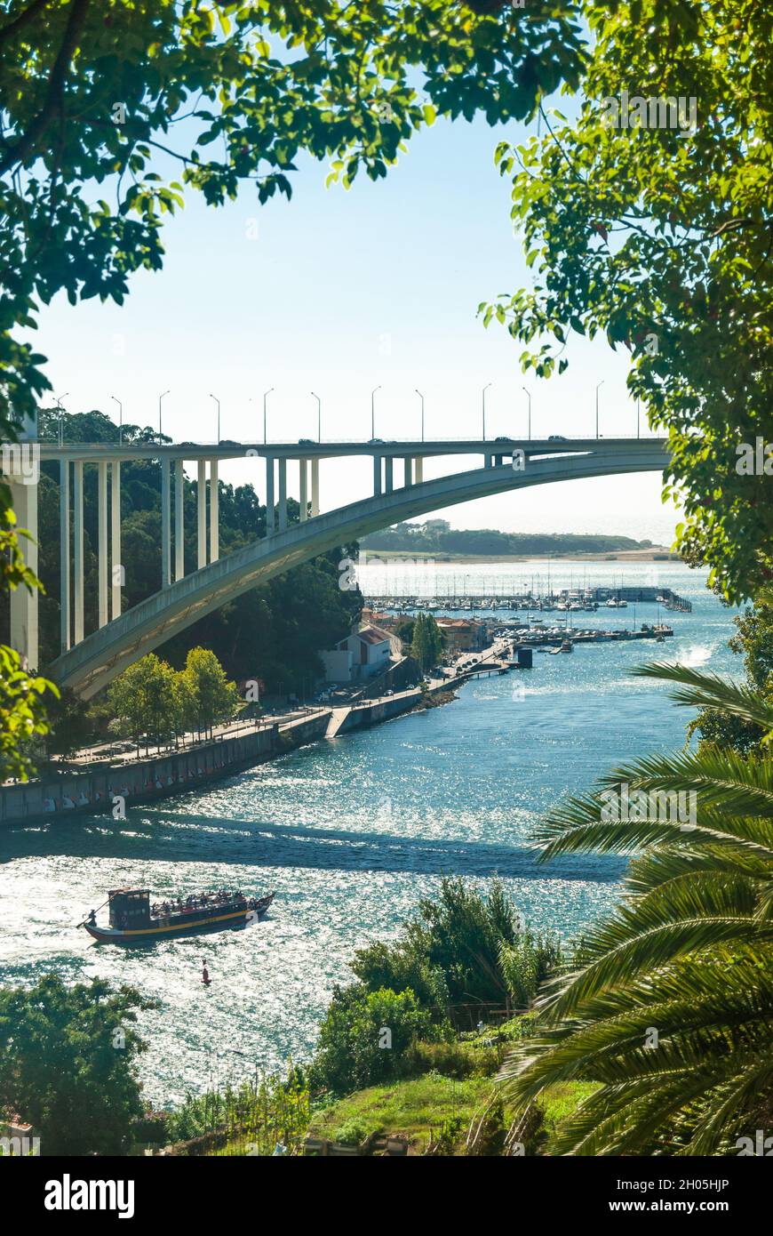 View of the Arrabida Bridge and river Douro and a boat scenic ...