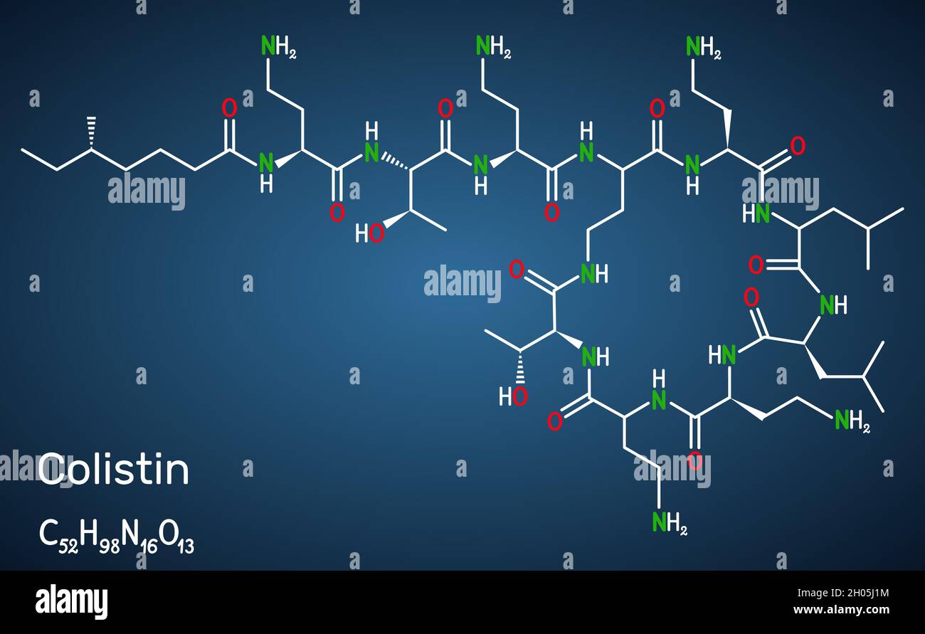 Colistin, polymyxin E molecule. It is cyclic polypeptide antibiotic ...