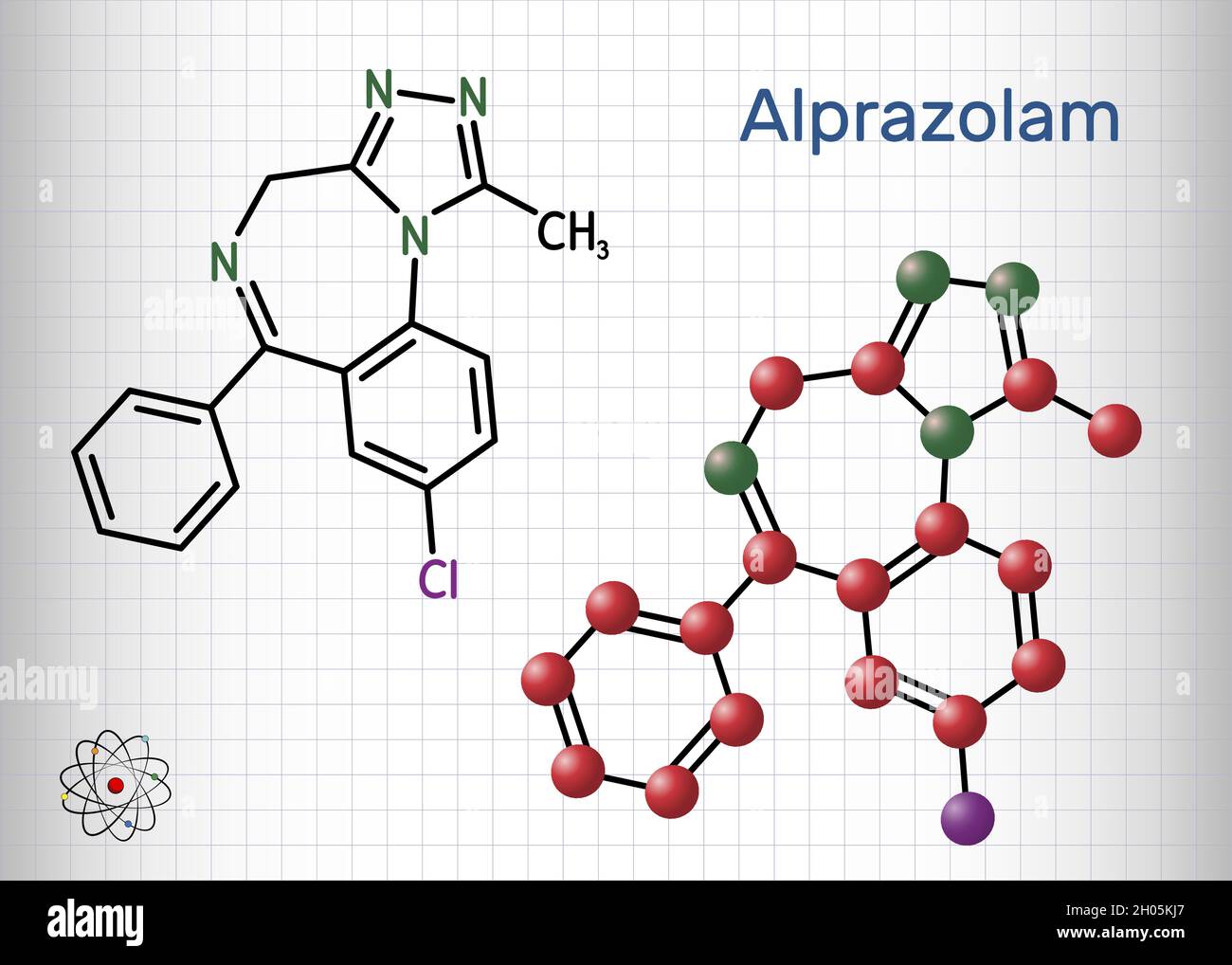 Alprazolam, molecule. It is benzodiazepine, short-acting tranquilizer ...