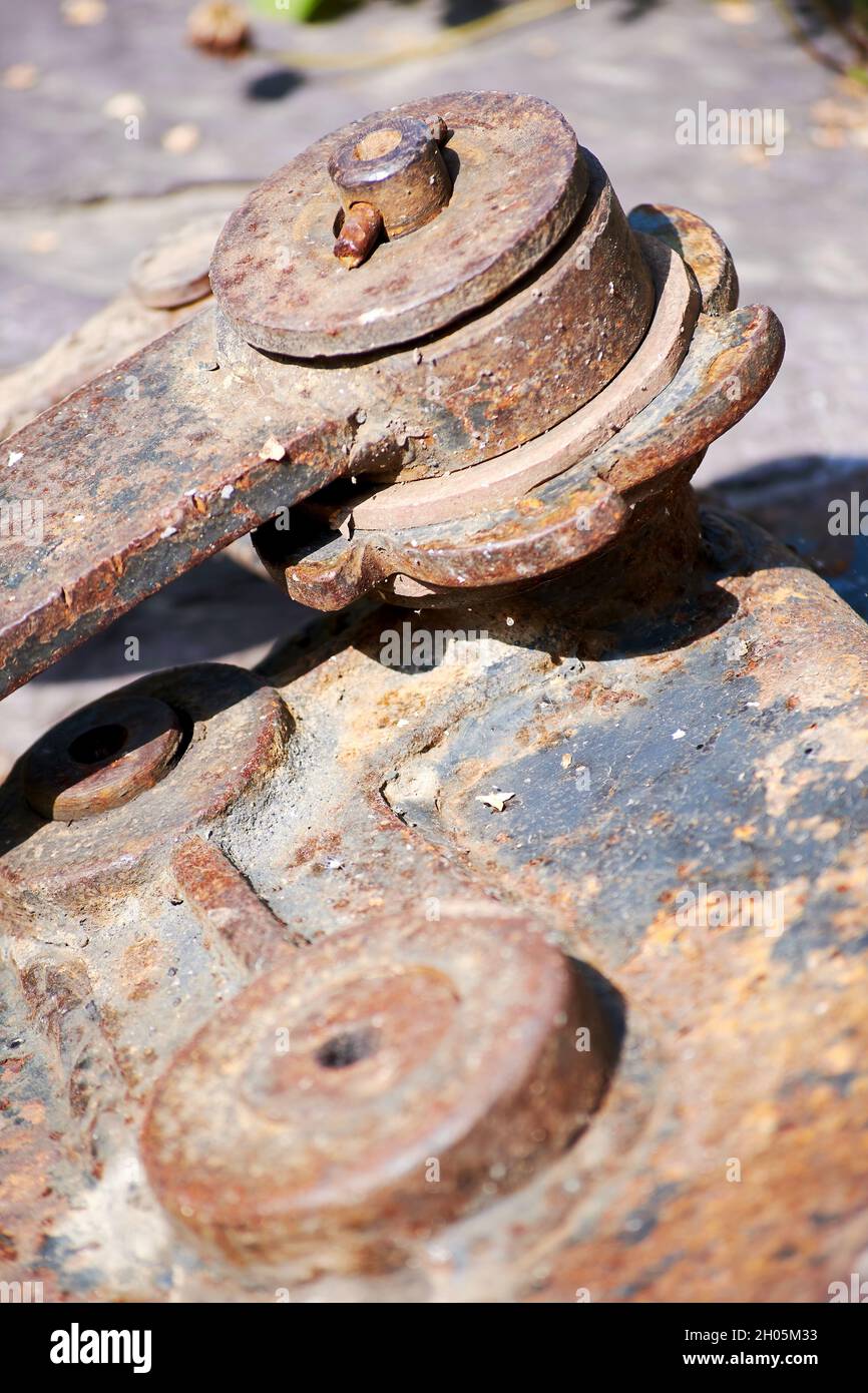 Old rusty jack-screw for railway carriage. Industrial tools and ...