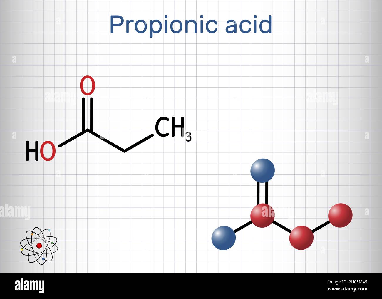 Propanoic acid, propionic acid molecule. It is short-chain saturated fatty acid, antifungal drug ...