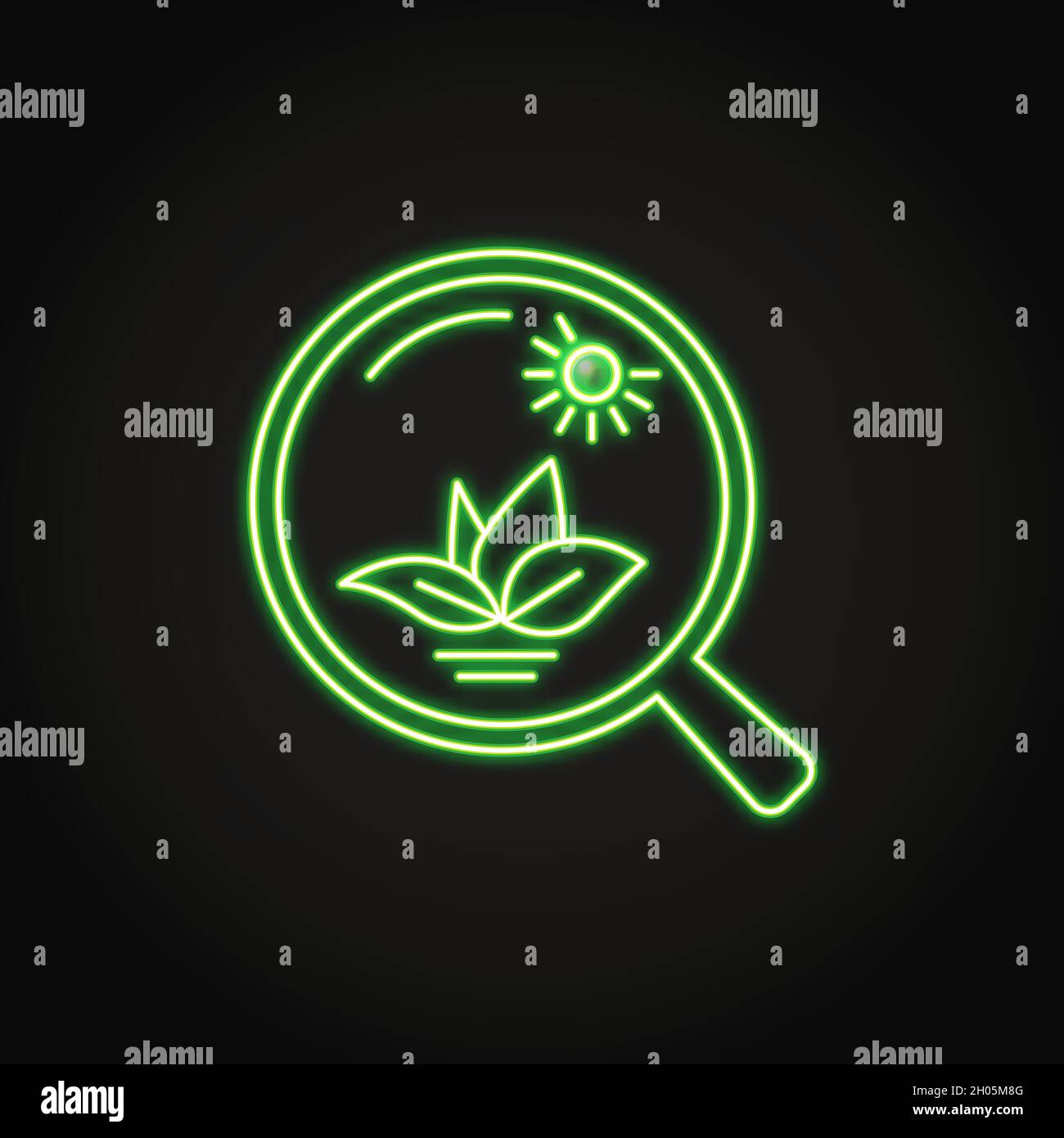 Neon ecology science icon in line style. Magnifying lens and growing ...