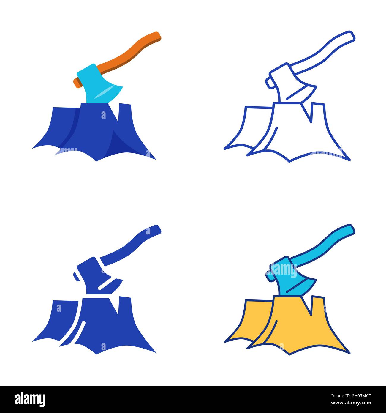 Logging icon set in flat and line style. Deforestation symbol. Tree stump and axe. Vector ...