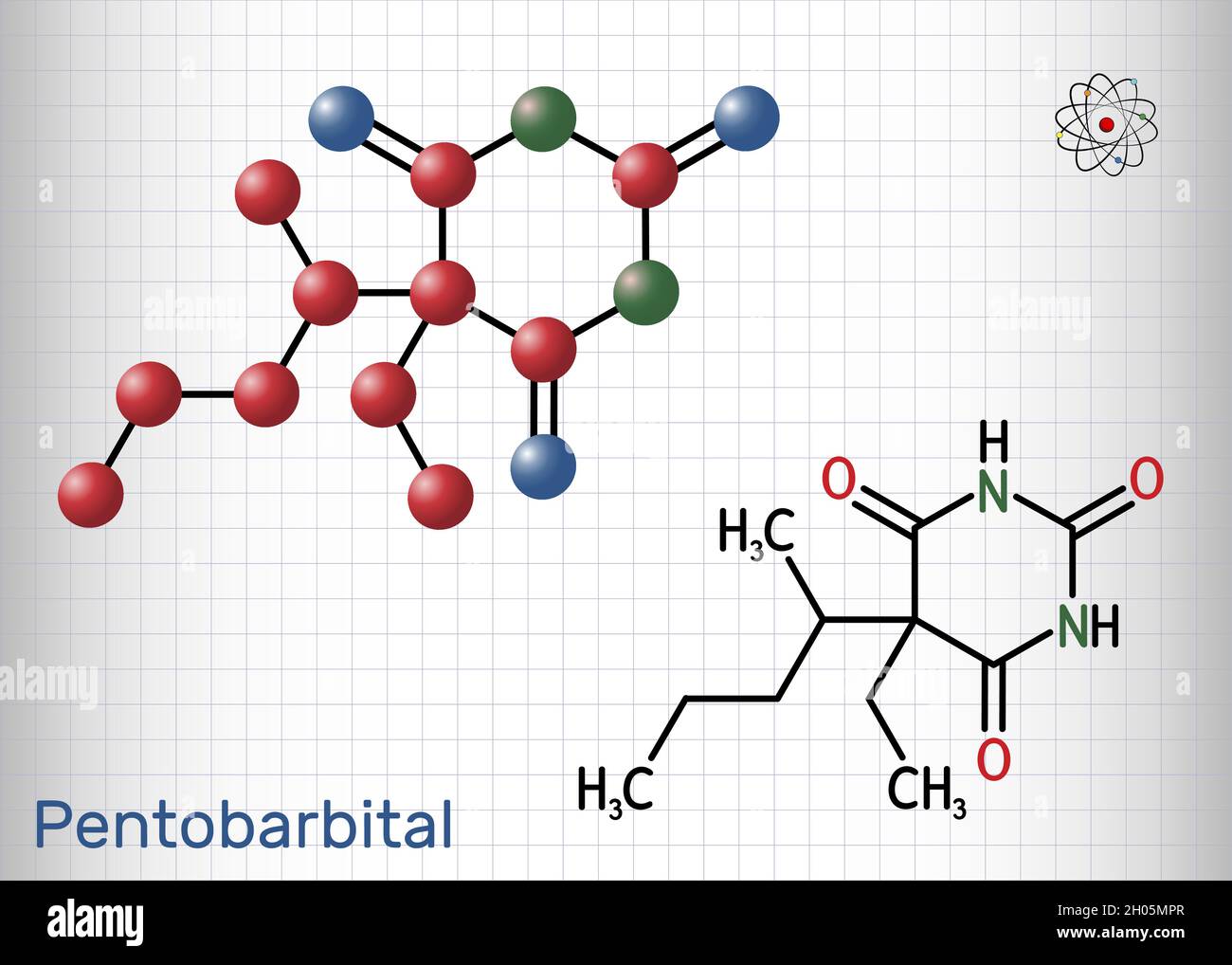 Pentobarbital, pentobarbitone molecule. It is sedative, hypnotic agent ...