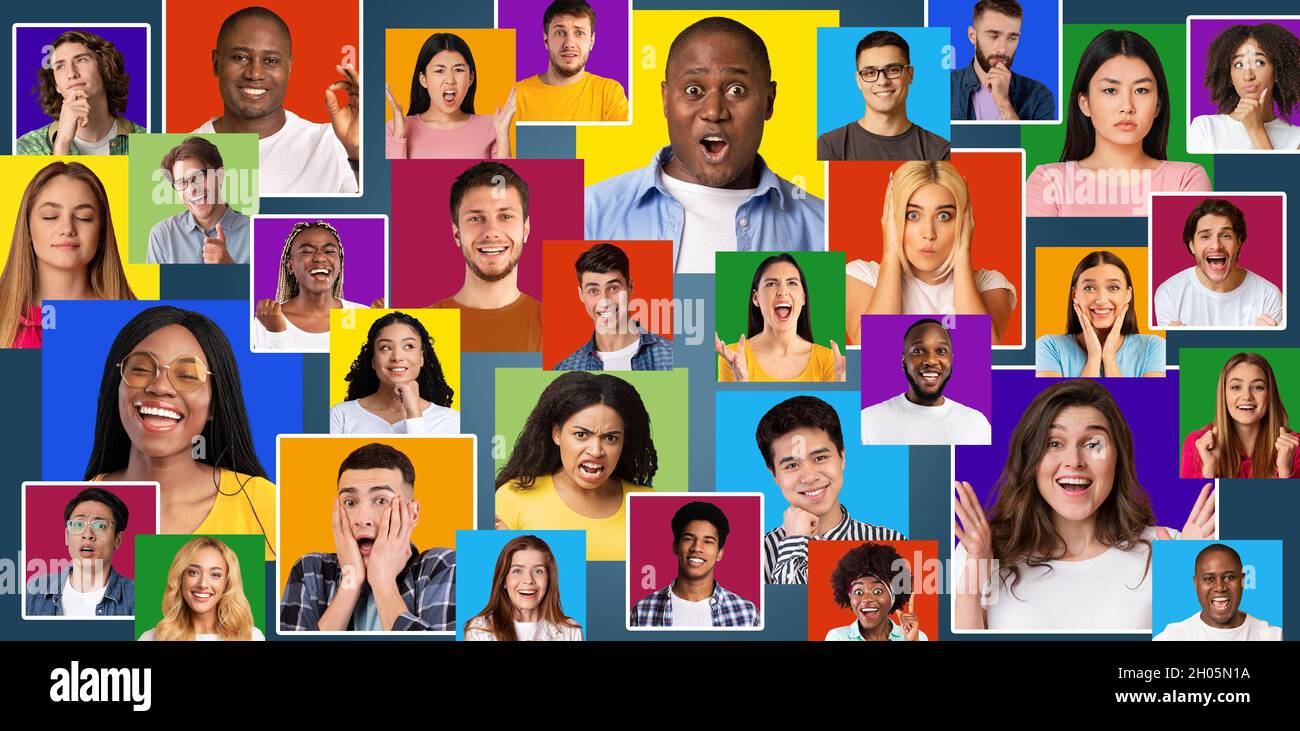 Mosaic of multiracial human faces, people of various nationalities ...