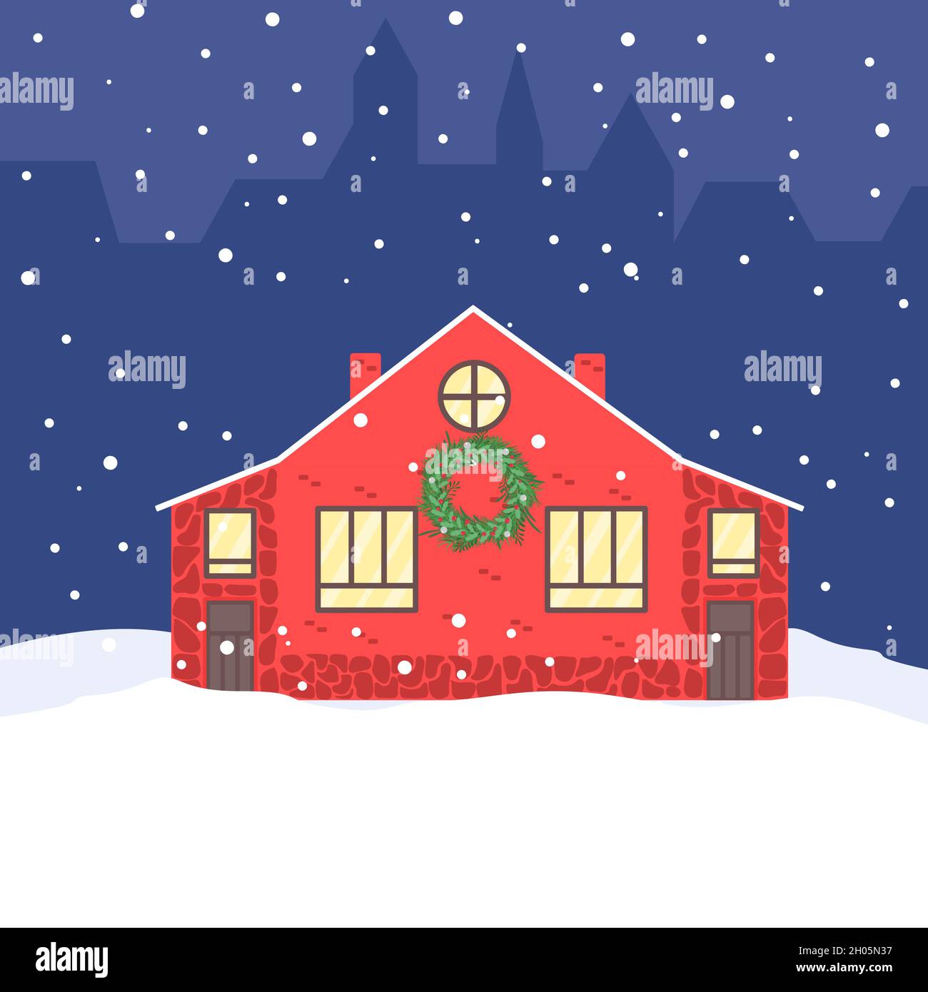 Christmas winter house cityscape. Bright building with wreath Vector ...