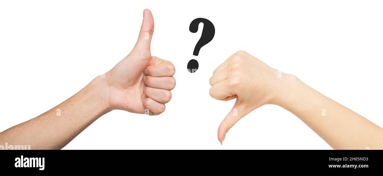 Hands of young european man and woman show gesture, top question mark ...