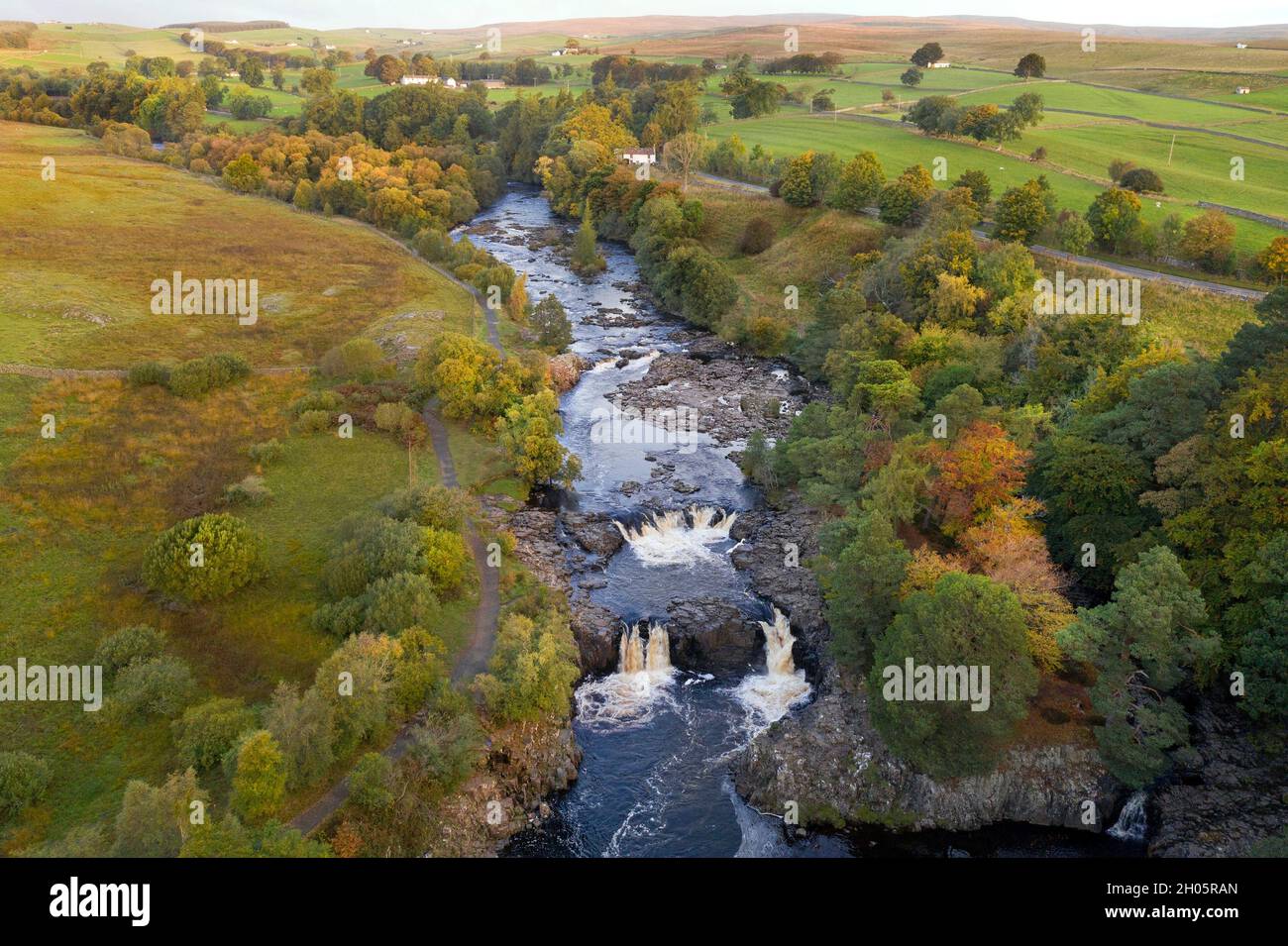 Aerial View of Low Force and the River Tees in Autumn, Teesdale, County ...
