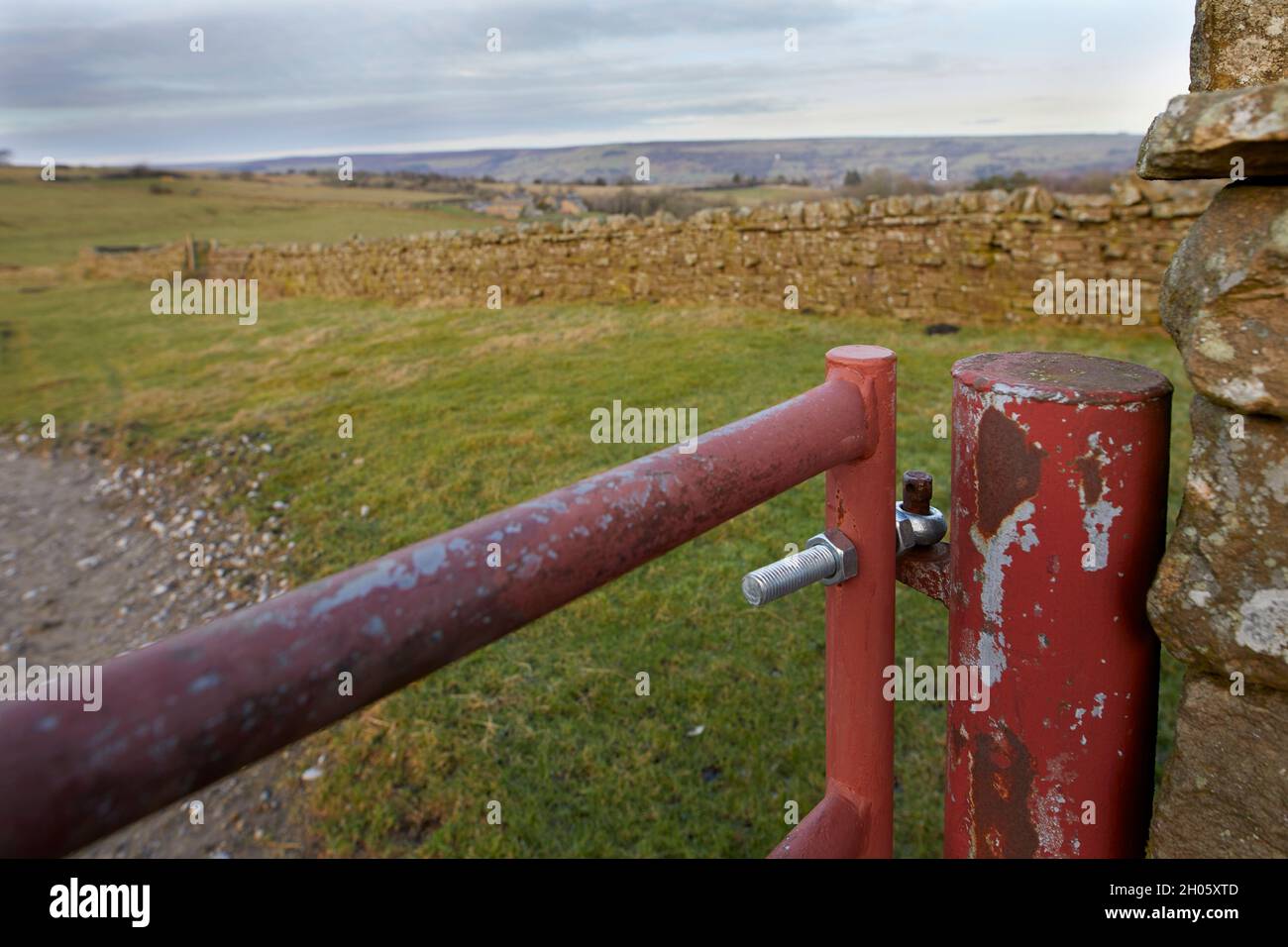 Detail of steel farm gate post and adjustable eye hinge Stock Photo - Alamy