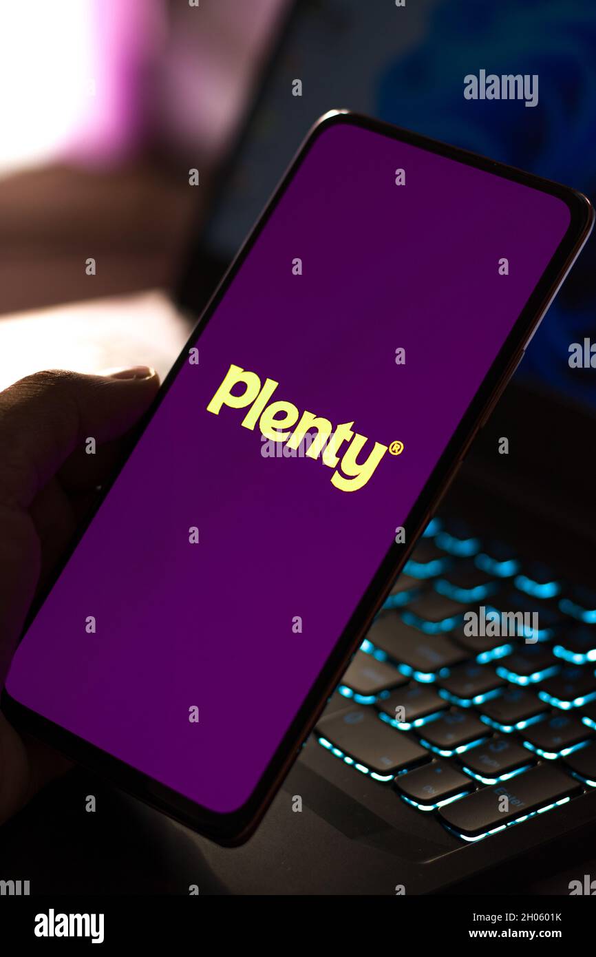 West Bangal, India - October 09, 2021 : Plenty logo on phone screen ...