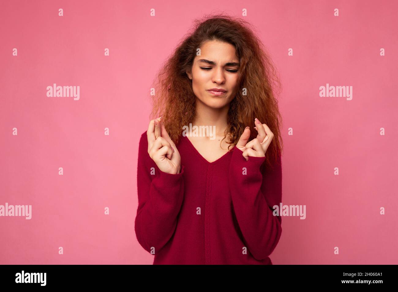 Photo of young emotional attractive brunette curly woman with sincere ...