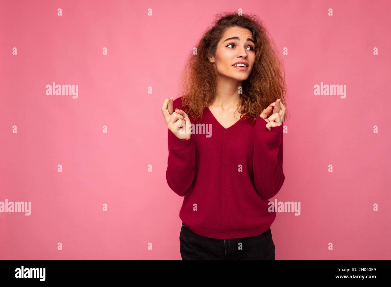 Photo of young emotional attractive brunette curly woman with sincere ...
