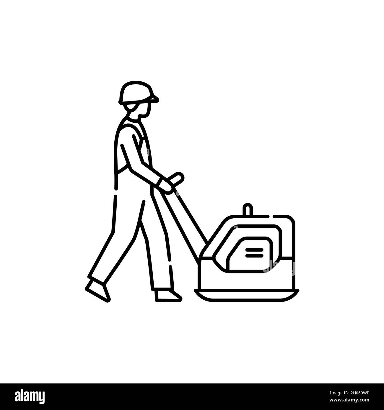 Worker with vibrating plate sign olor line icon. Road construction ...