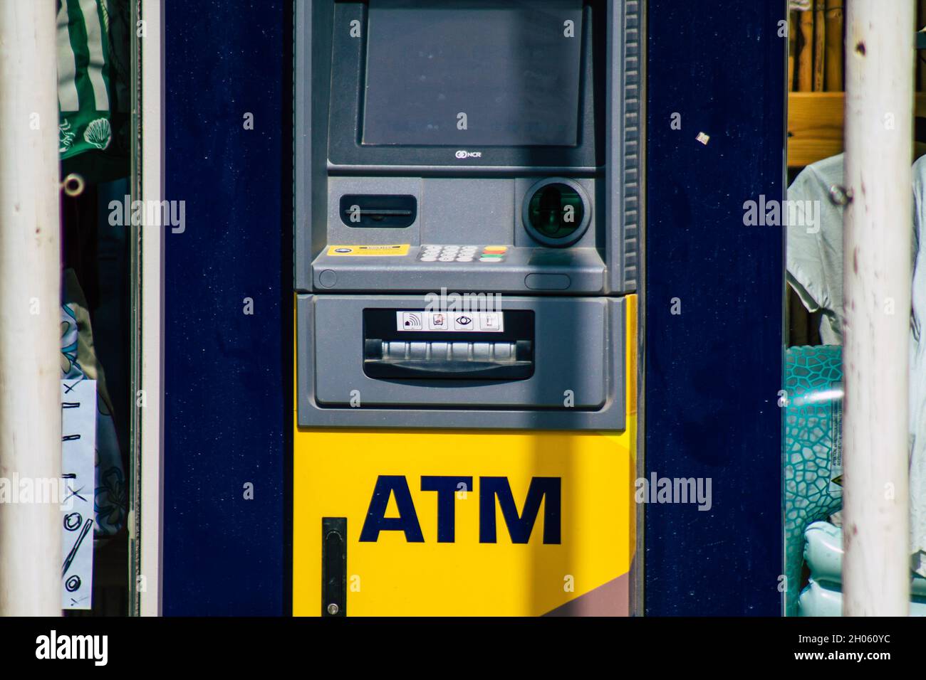 Santorini, Fira, Greece - October 10, 2021 ATM located in the streets ...