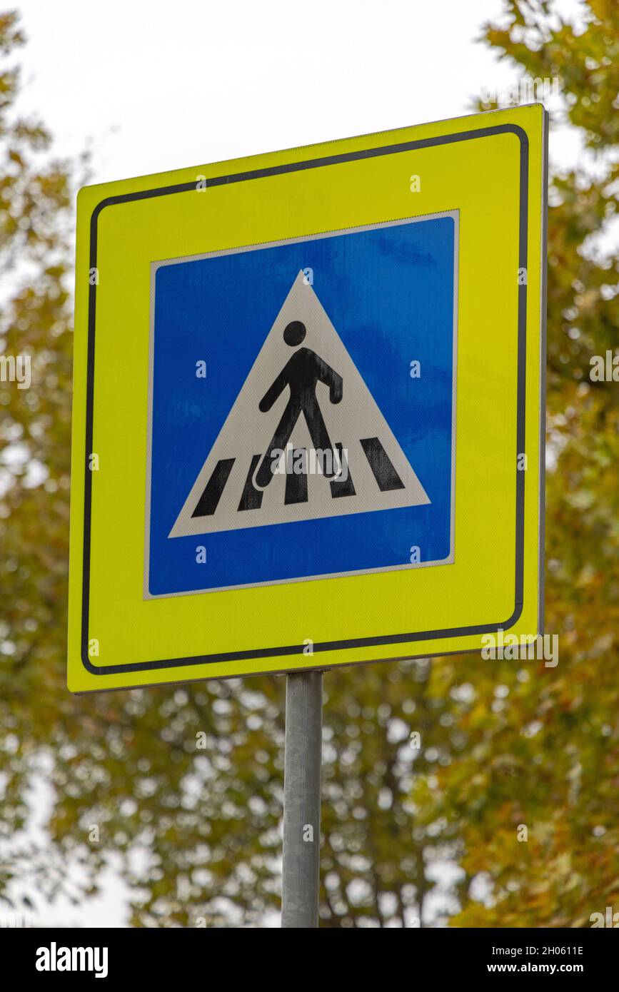 Pedestrian Road Crossing Traffic Sign With High Visibility Frame Stock ...