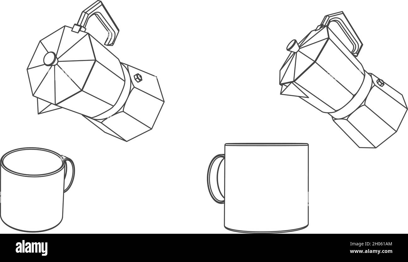 Vector outline illustration of moka pot coffee maker with cup Stock Vector Image & Art - Alamy