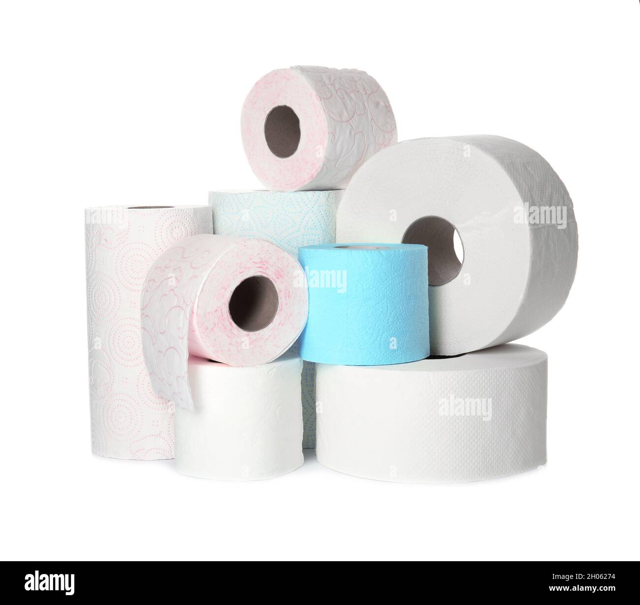 Different toilet paper rolls on white background Stock Photo - Alamy