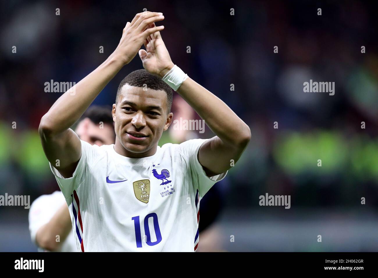 Kylian Mbappe of France greets the fans at the end of the Uefa Nations ...