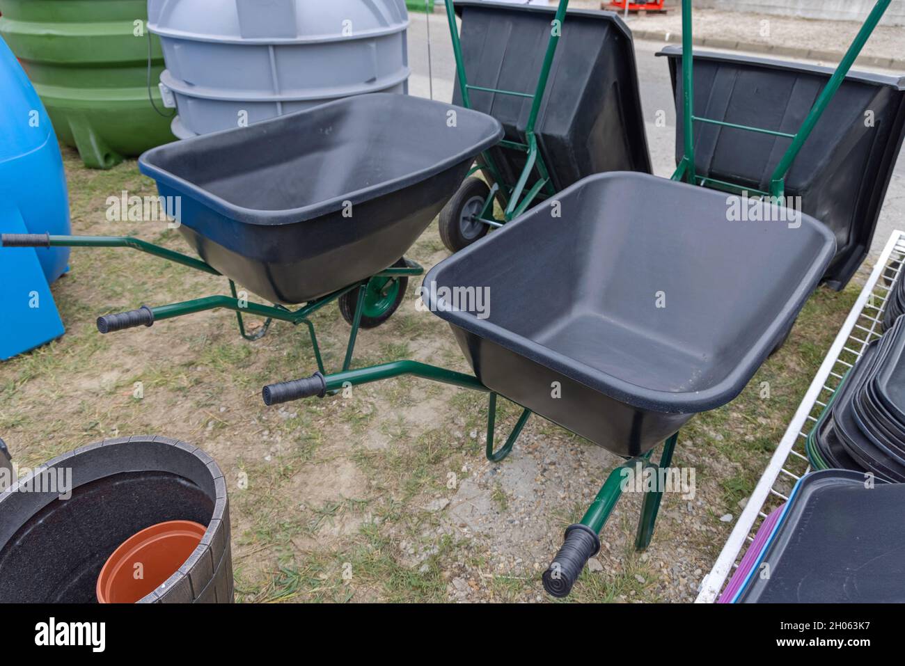 Wheelbarrows With Plastic Bucket Construction Site Equipment Stock ...