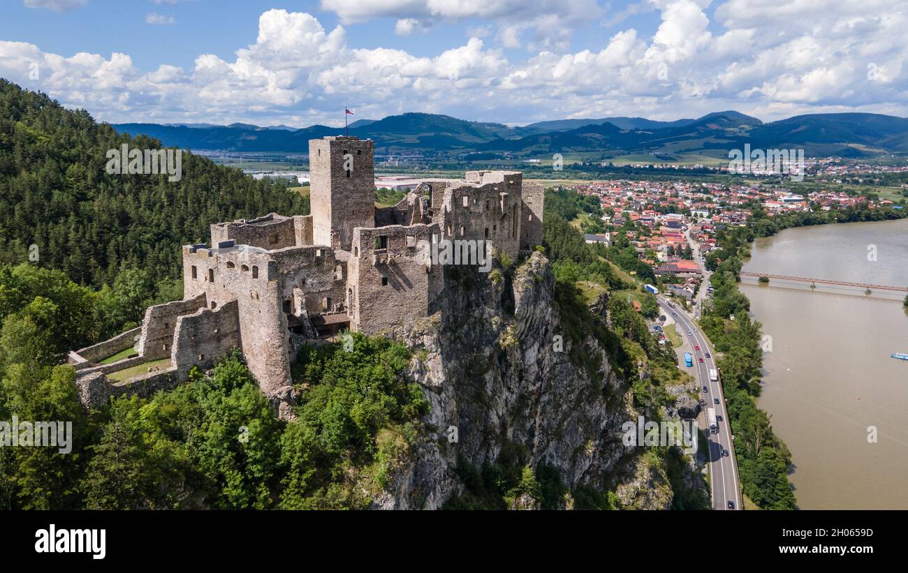 Aerial view of the castle in the village of Strecno in Slovakia Stock ...