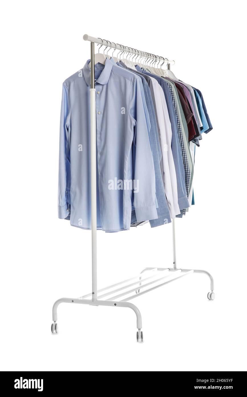 Wardrobe rack with men clothes on white background Stock Photo - Alamy