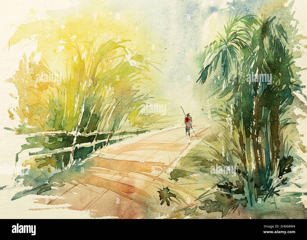 Watercolor painting of Indian village road with trees on both sides, in ...