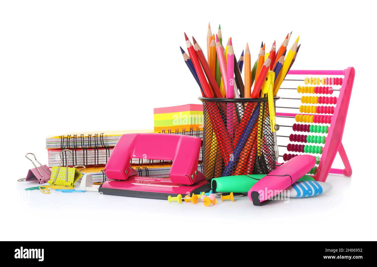Different colorful stationery on white background. Back to school Stock ...