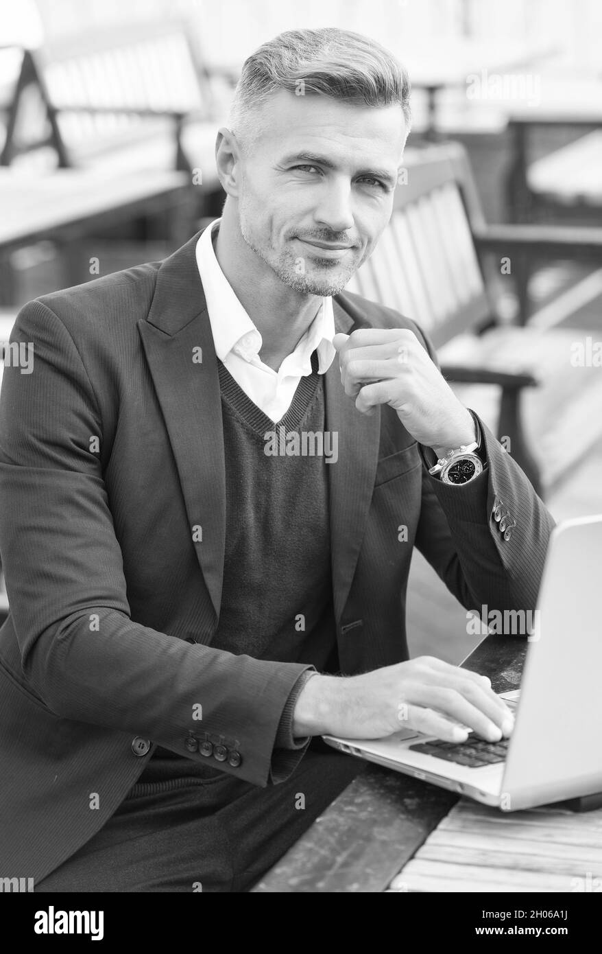 Career becomes easy. Professional man work online. Using computer ...