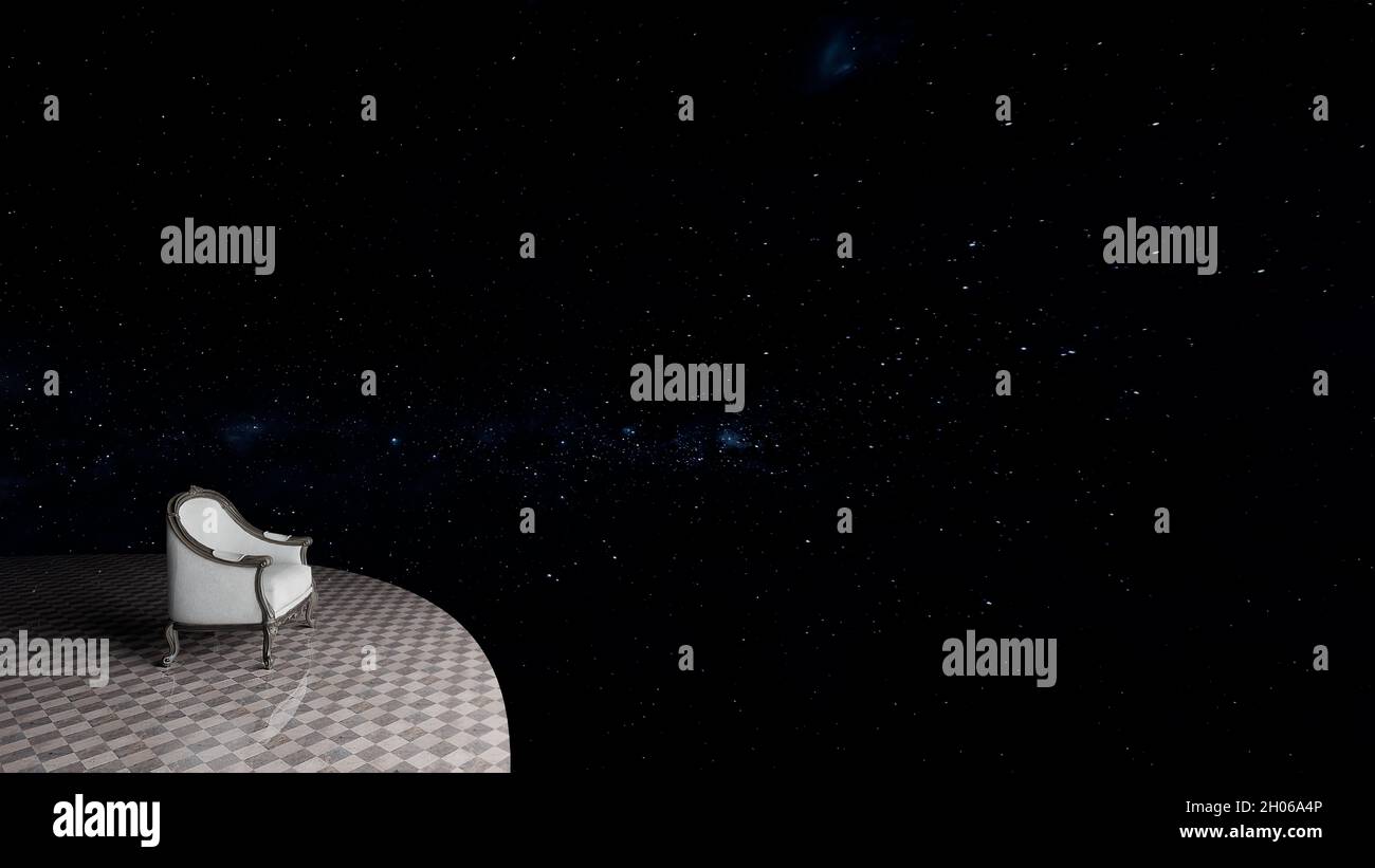 Vintage armchair stands on floor with checkerboard tiles. View from ...