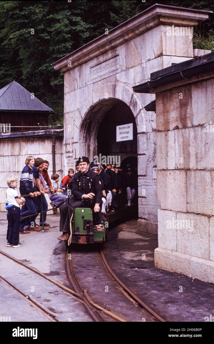 The little train leaving Berchtesgarden salt mine in 1982 Stock Photo ...