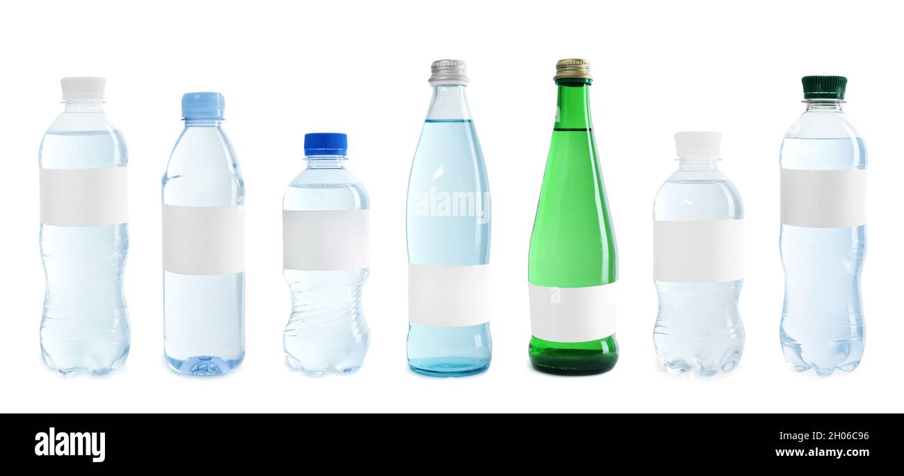 Set with different bottles of pure water on white background. Mockup ...