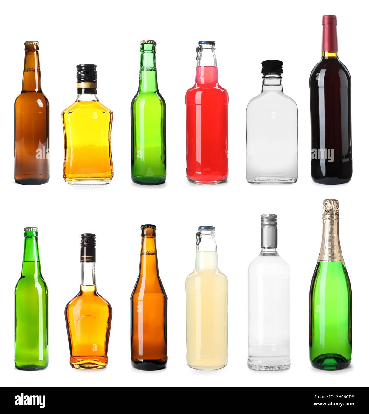 Set of bottles with different drinks on white background Stock Photo ...
